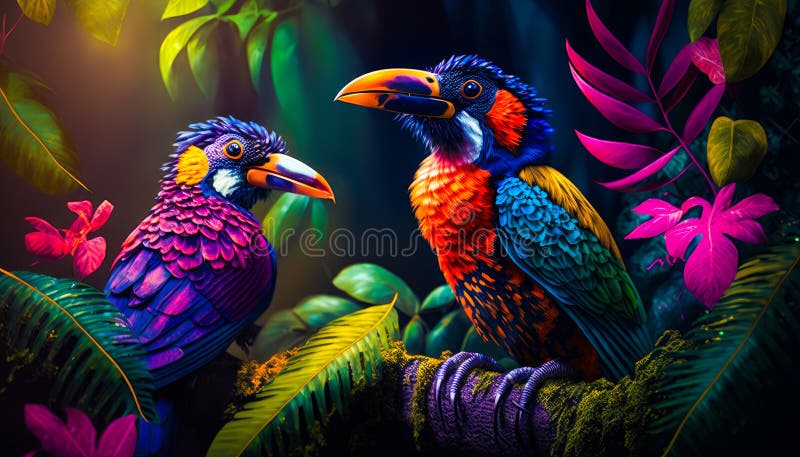 Two Colorful Birds Sitting on Top of Lush Green Forest. Fantasy ... Two Colorful Birds Sitting on Top of Lush Green Forest. Fantasy ...