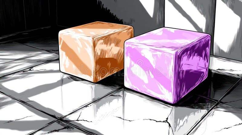 Two Glossy Cubes on Marble Floor, Light and Shadow Stock Illustration ...