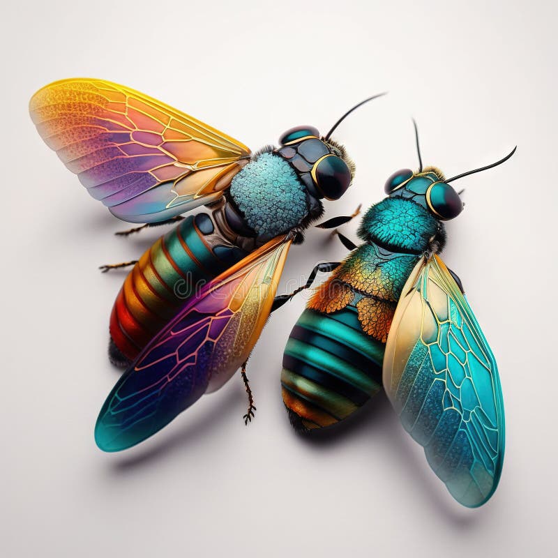 Two Colorful Bugs Sitting on Top of Each Other on a White Surface with ...