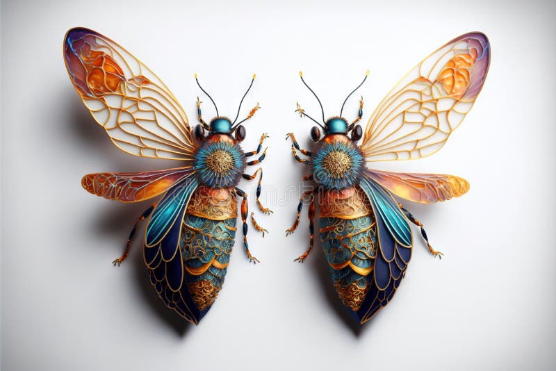 Two Colorful Bugs are Sitting on a White Surface Together, One is Blue ...