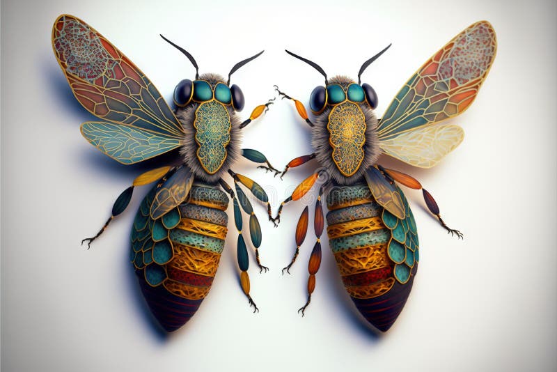 Two Colorful Bugs Are Sitting On A White Surface Together One Is Facing The Other Way And The