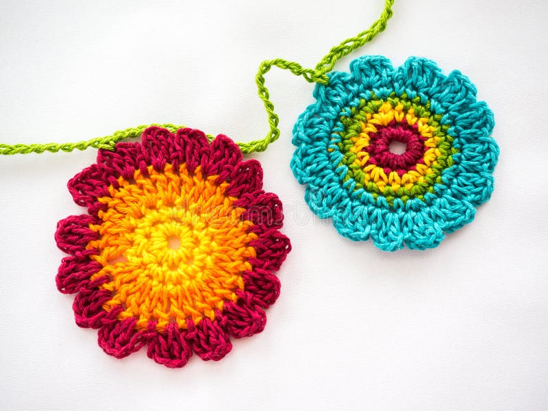 Two Colorful, Crocheted Flowers on a Chain Stock Image - Image of decor ...