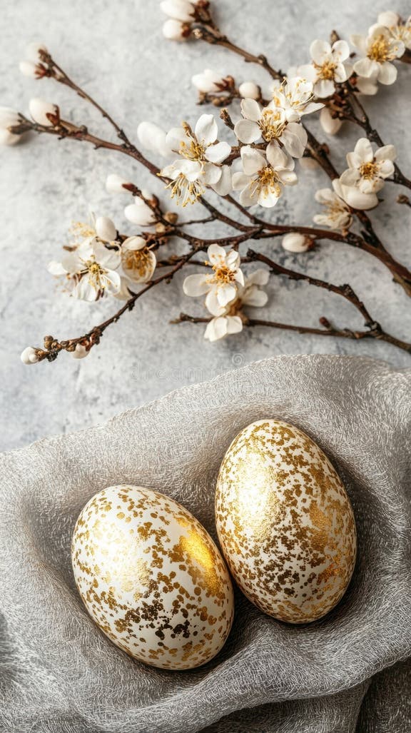 Two Colorful Eggs Rest on a Cloth, Complemented by a Delicate Tree ...