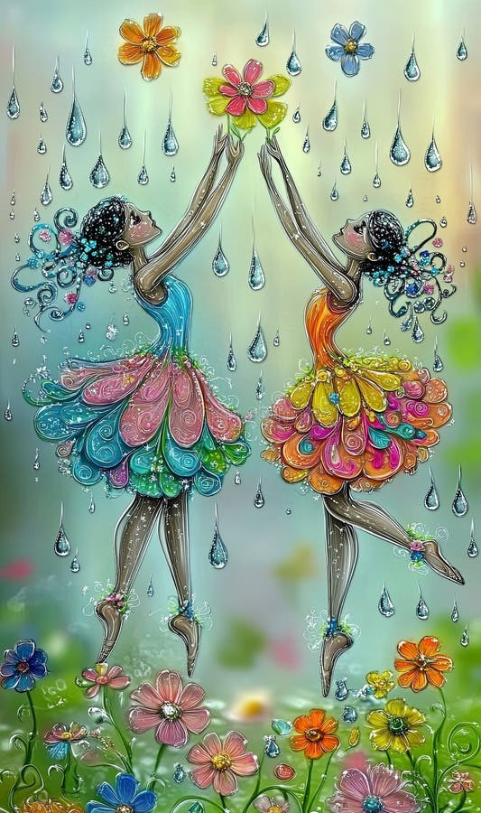 Two Colorful Fairies Dancing in the Rain with Flowers Stock ...