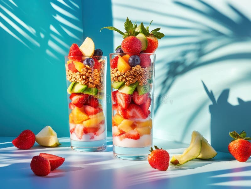 Two Colorful Fruit Parfaits with Yogurt, Granola, and Fresh Fruits in a ...