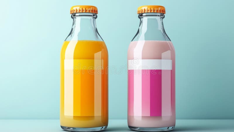 Two Colorful Juice Containers with Blank Labels Displayed on a Gentle ...