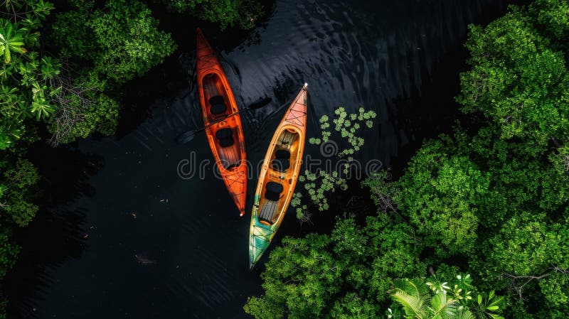 Two Colorful Kayaks on Serene Jungle River Surrounded by Lush Greenery ...