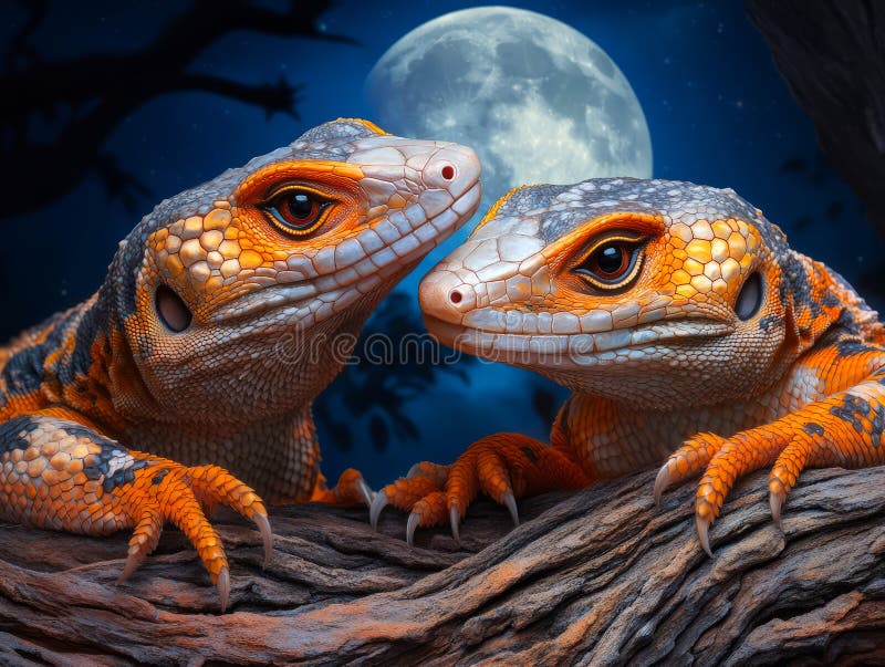 Two Colorful Lizards Gaze at Each Other Under Full Moonlight in ...