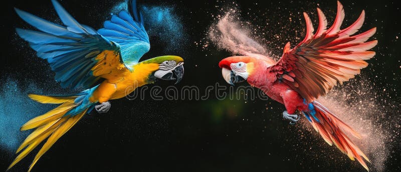 TWO COLORFUL MACAWS FLYING APART with DUST and FEATHERS TRAILING Stock ...