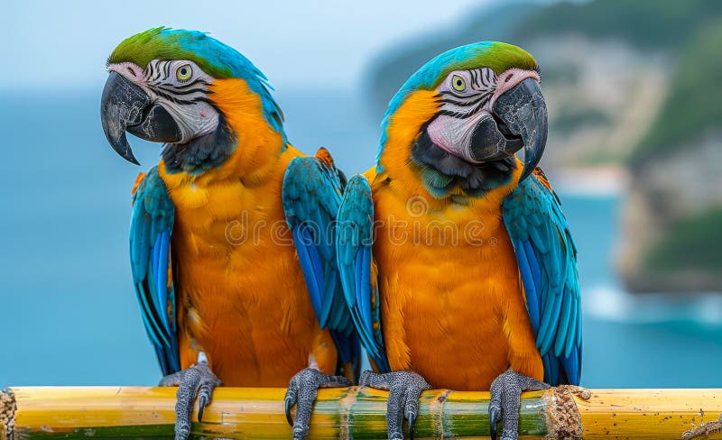 Two Colorful Macaws Sitting on Branch. a Two Parrots Sitting on Bamboo ...