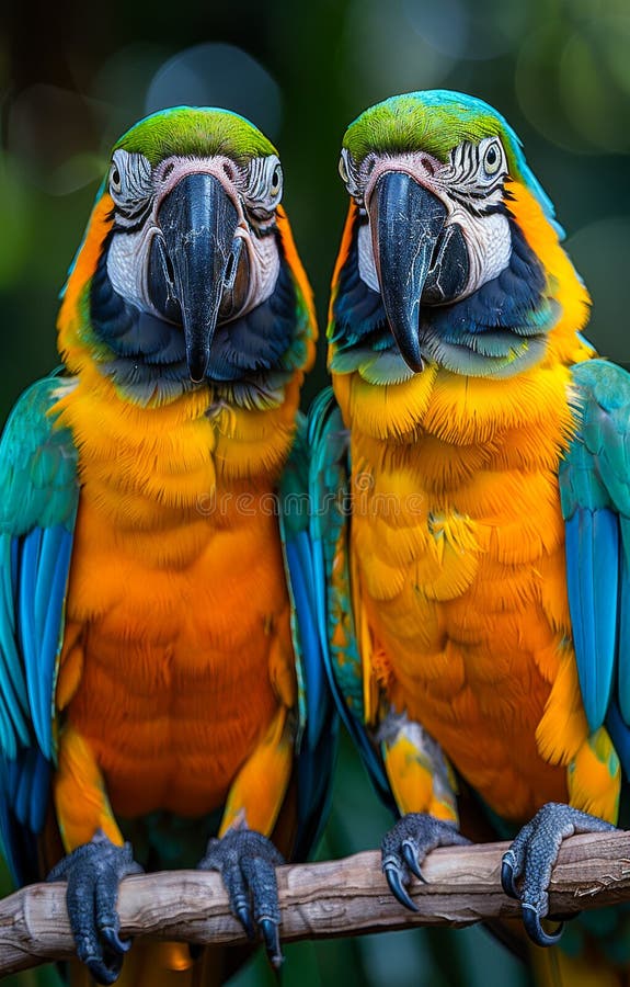 Two Colorful Macaws Sitting on Branch. a Two Parrots Sitting on Bamboo ...