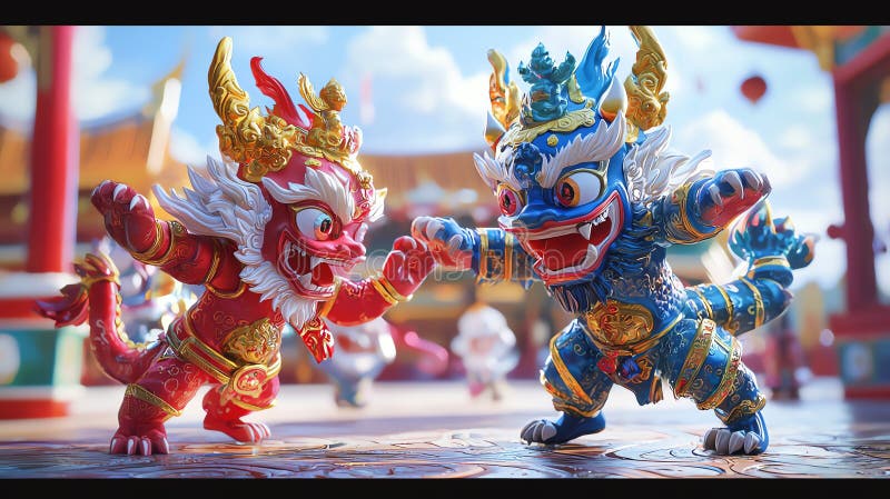 Two Colorful Mythical Creatures Stand in a Playful Pose Stock ...