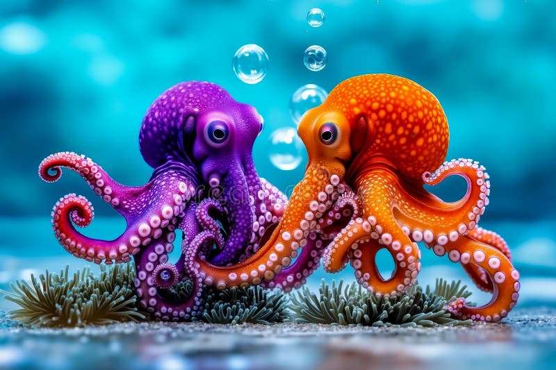 Two Colorful Octopuses are Fighting Over Anemones in the Ocean Stock ...