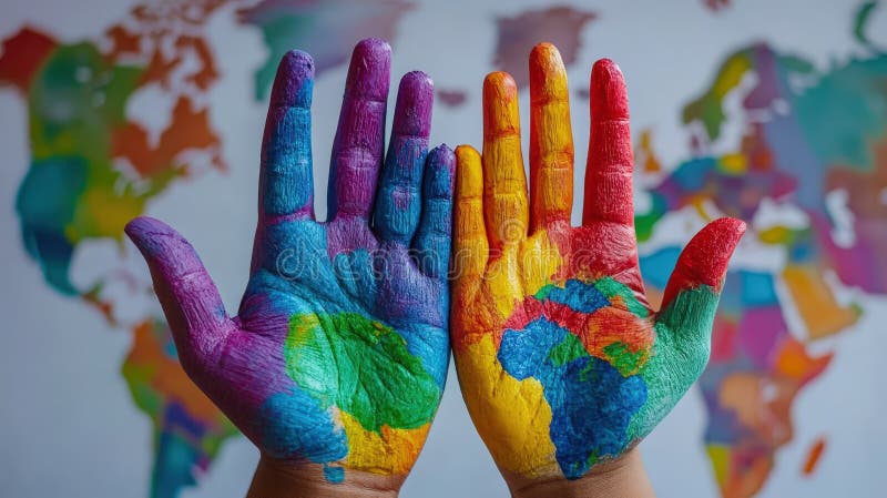 Colorful Painted Hands on World Map Background Expressing Unity ...