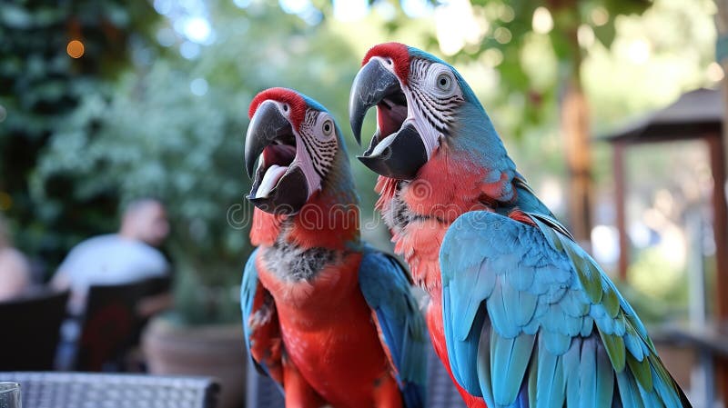 Two Colorful Parrots Perched Side by Side on a Table with Blue and Red ...