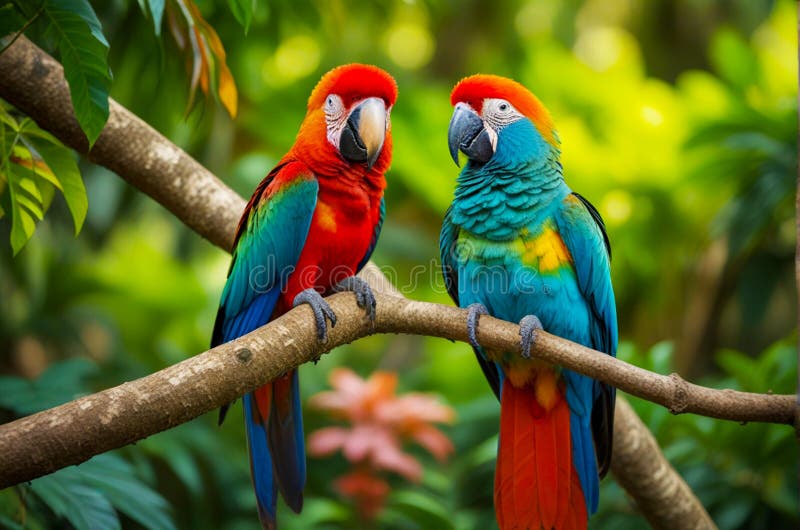 Generative Ai, Two Colorful Parrots Perched on a Tree Branch, Exotic ...