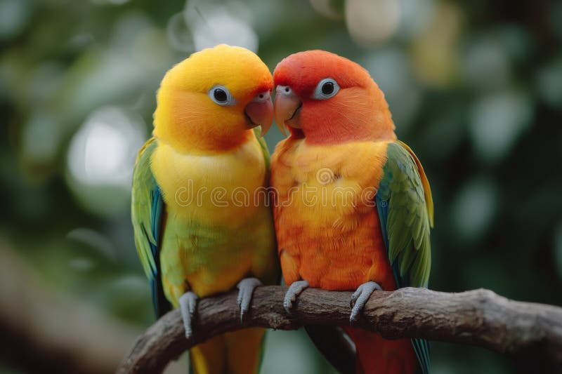 Two Colorful Parrots Showing Affection on a Branch Stock Illustration ...