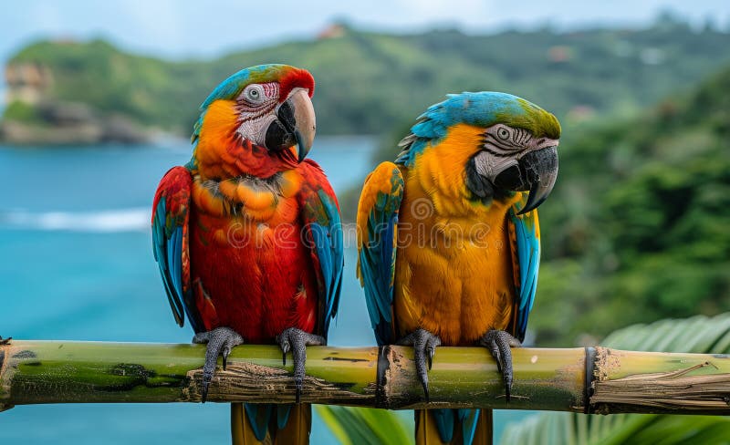 Two Colorful Parrots Sitting on Branch. a Two Parrots Sitting on Bamboo ...
