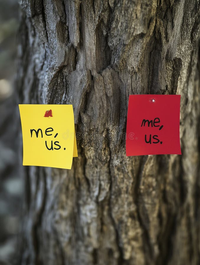 Two Colorful Post it Notes on Tree Trunk, One Yellow and One Red, Both ...