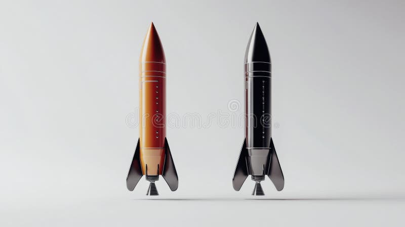 Two Colorful Rocket Models Displayed Side by Side on a Minimalistic ...