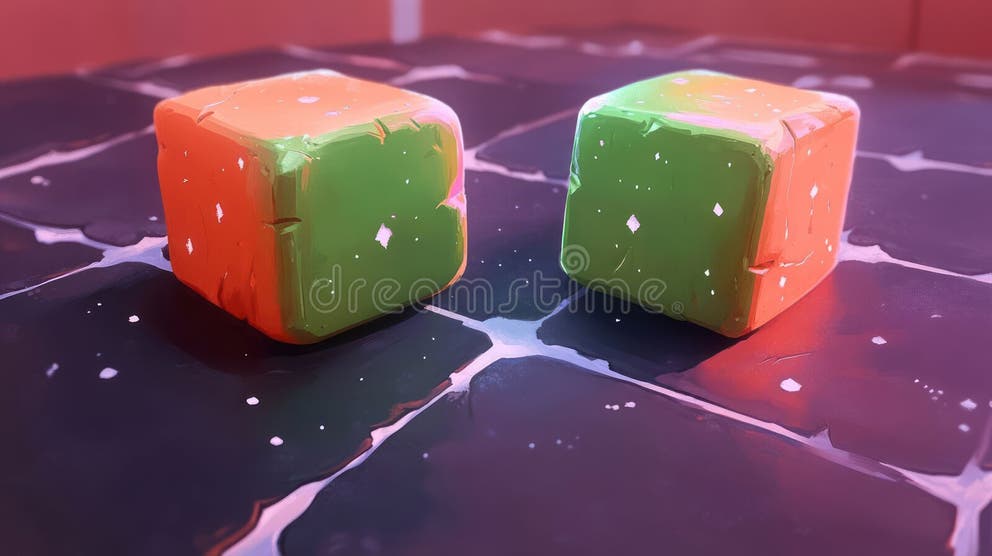 Two Colorful, Stylized Cubes on a Textured Surface, Likely for a Game ...
