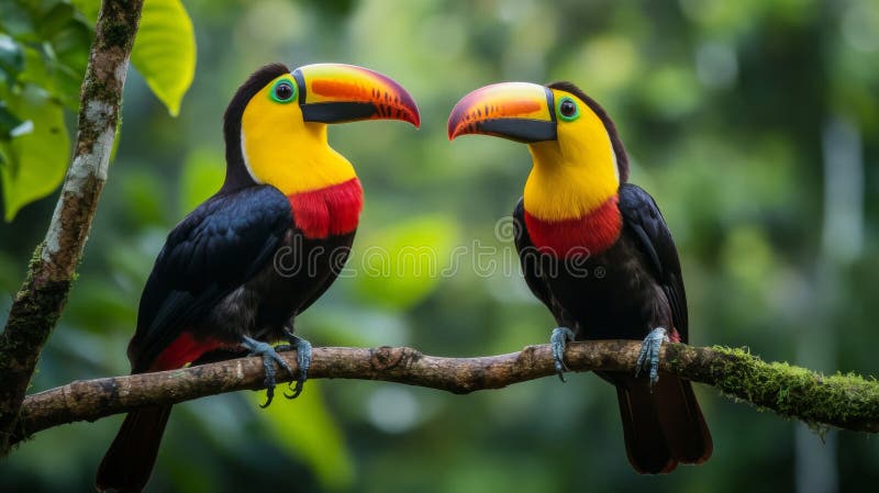 Two Colorful Toucans on a Branch in a Lush Tropical Forest Stock ...