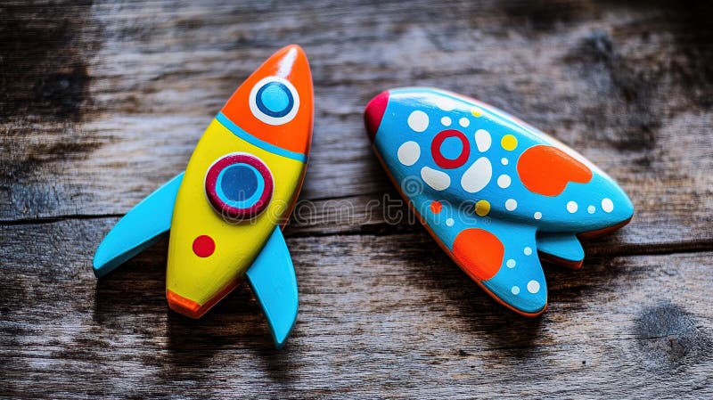 Two Colorful Toy Rockets on Rustic Wood Stock Illustration ...