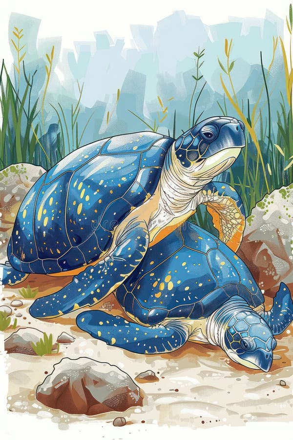 Stunning Blue Sea Turtles Mating on Sandy Beach Stock Illustration ...