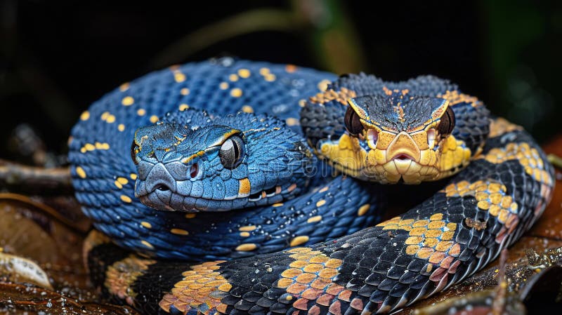 Two Colorful Venomous Snakes with Blue and Yellow Scales, Coiled ...