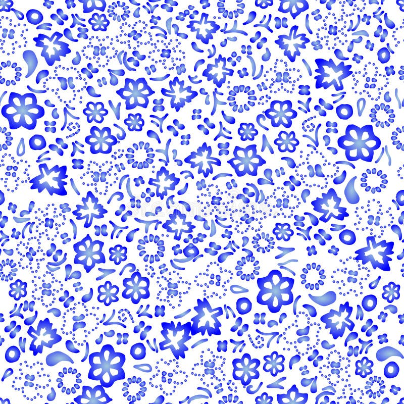 Blue Gradient on White Hand Drawn Random Flower and Leaf Seamless ...