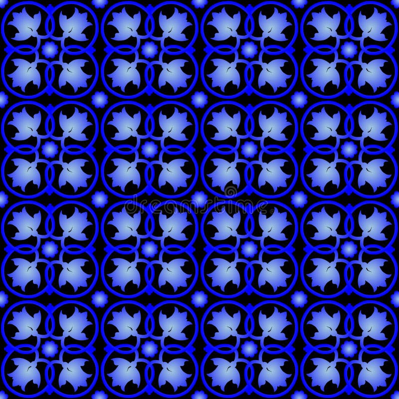 Blue Gradient on Black Ornate Flower and Circle Tile Art Deco Seamless ...