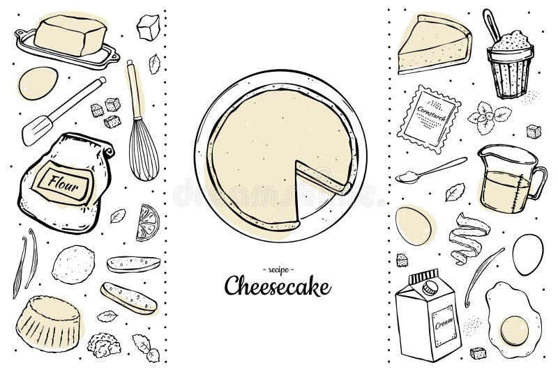 Two Colour Set Cheesecake and Ingredients for it Black Outline on White ...