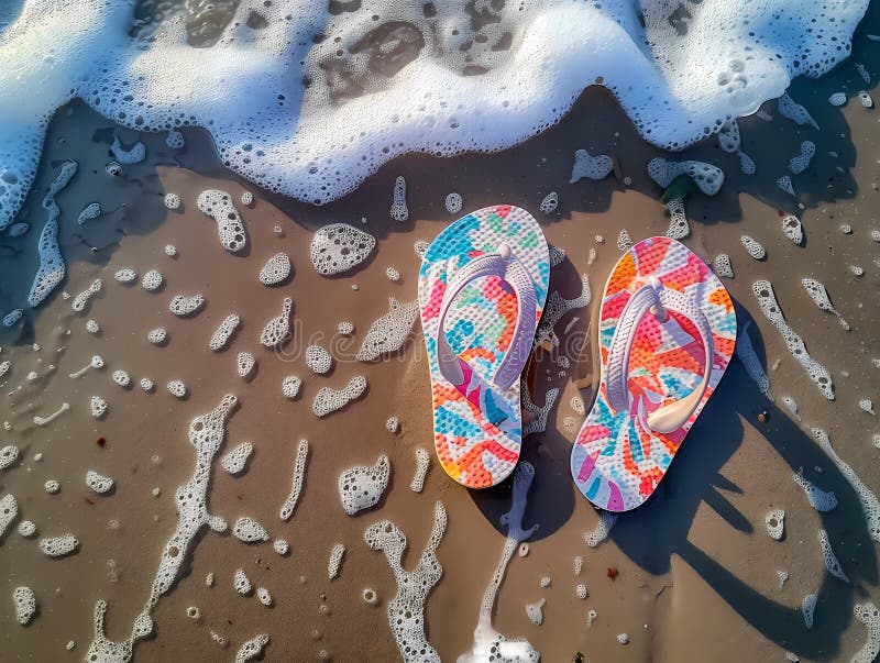 Two Colourful Flip Flops are on the Beach, with the Ocean in the ...