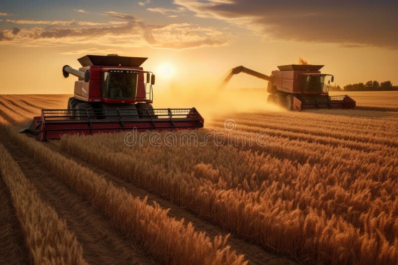 Two Combine Harvesters. Generative AI Stock Illustration - Illustration ...