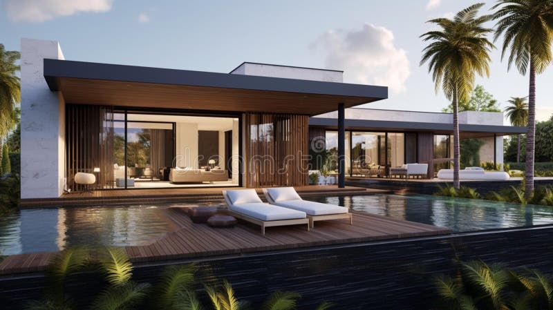 Two Comfortable Sun Loungers Set Up on a Deck Overlooking a Sparkling ...