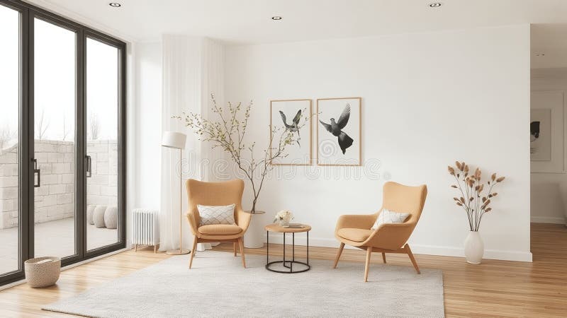 Two Comfy Chairs in a Modern Living Room with a Large Window ...