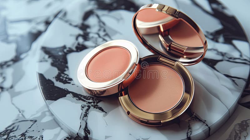 Two Compact Cases with Powder and Blush, Both Open, on a Marble Surface ...