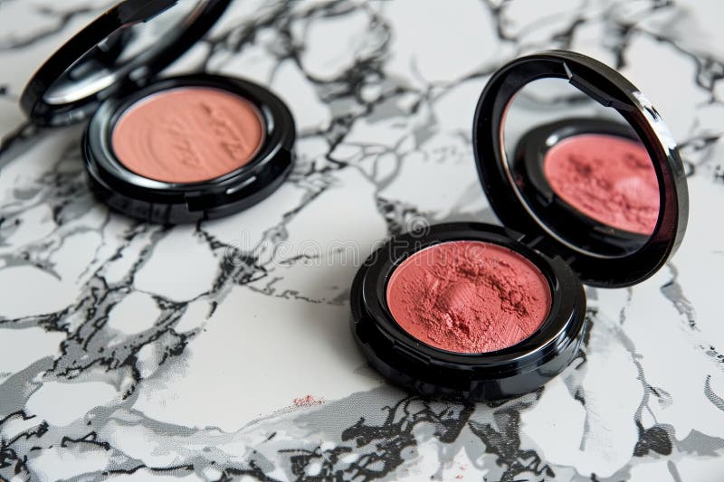 Two Compact Cases with Powder and Blush are Shown on a Marble Surface ...