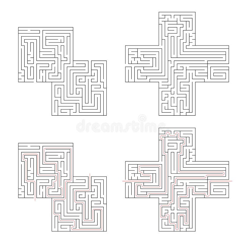Two Complicated Labyrinths with Red Path of Solution Isolated on White ...