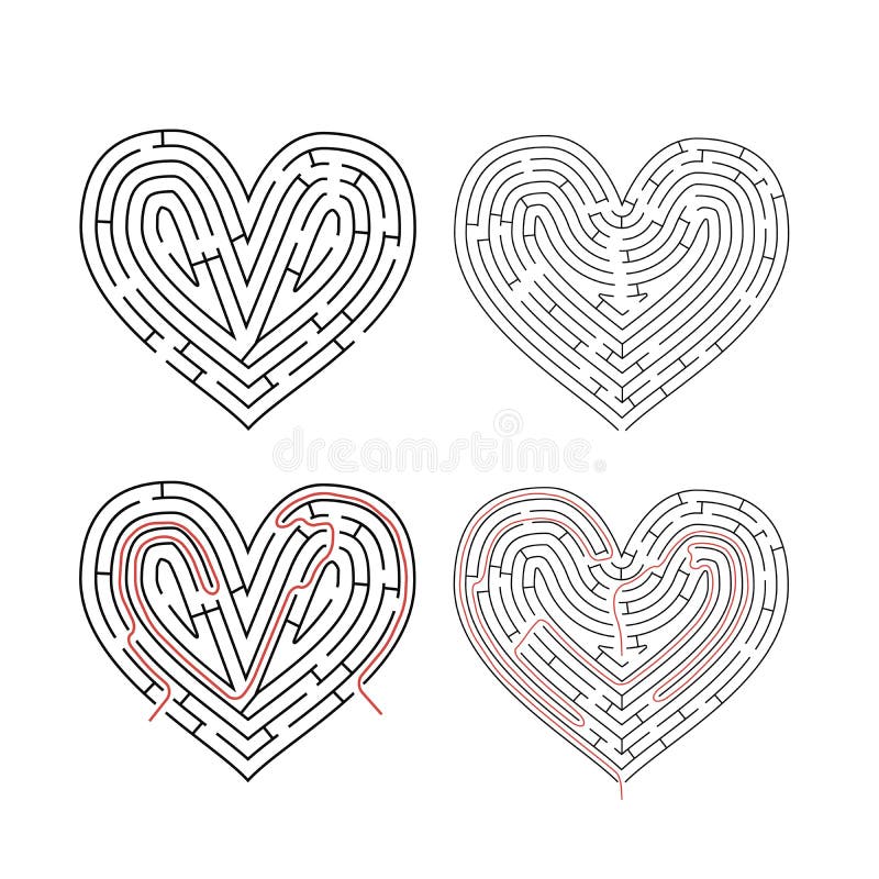 Two Complicated Mazes in Heart Shape, Labyrinths with Red Path ...