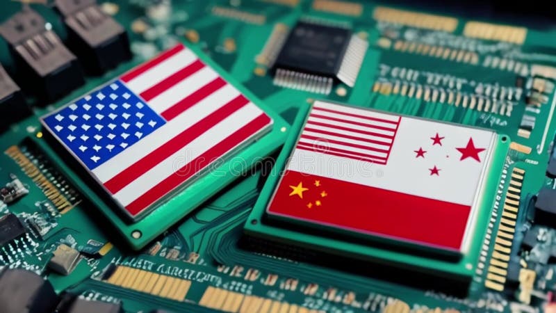 Two Computer Chips with the Flags of the United States and China on ...