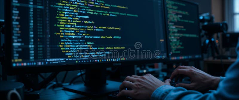 Two Computer Monitors Display Lines of Code in a Dimly Lit Environment ...