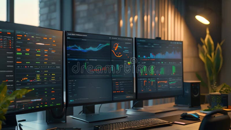 Two Computer Monitors Displaying Graphs on a Desk in a Digital ... Two Computer Monitors Displaying Graphs on a Desk in a Digital ...