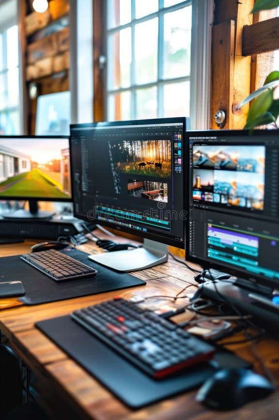 Two Computer Monitors and a Keyboard on a Desk Stock Image - Image of ...
