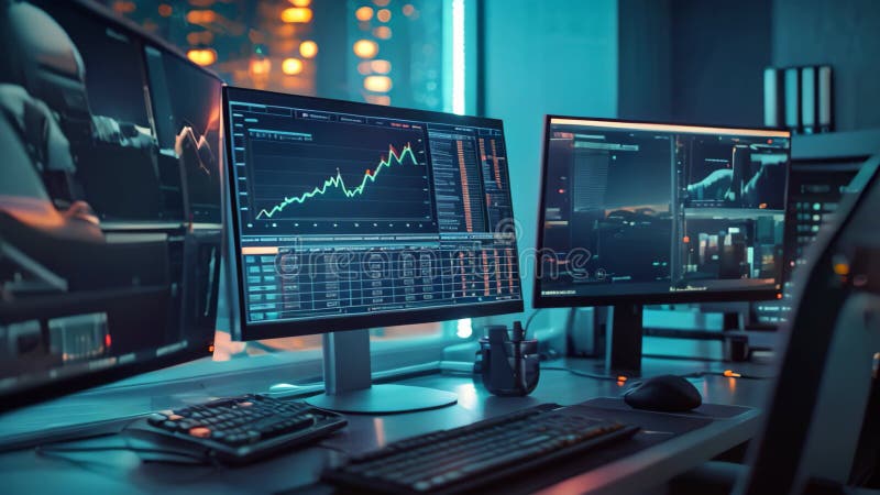 Two Computer Monitors are Placed on Top of a Desk, Displaying Digital ...