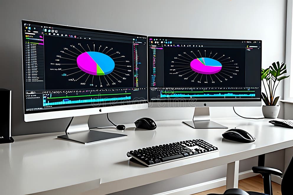 Two Computer Monitors Showing Financial Graphics with Keyboard on Desk ...