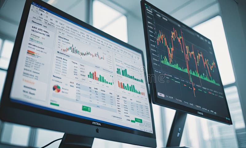 Two Computer Monitors are Shown Side by Side, with One Showing a Chart ...