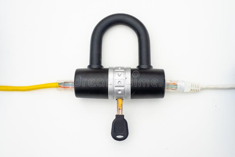 Two Computer Network Cables Going through a Lock with a Key Stock Image ...