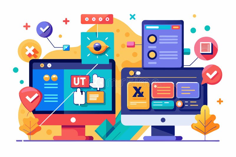 Two Computer Screens Showcase Distinct Ui Ux Design Elements With Colorful Customizable
