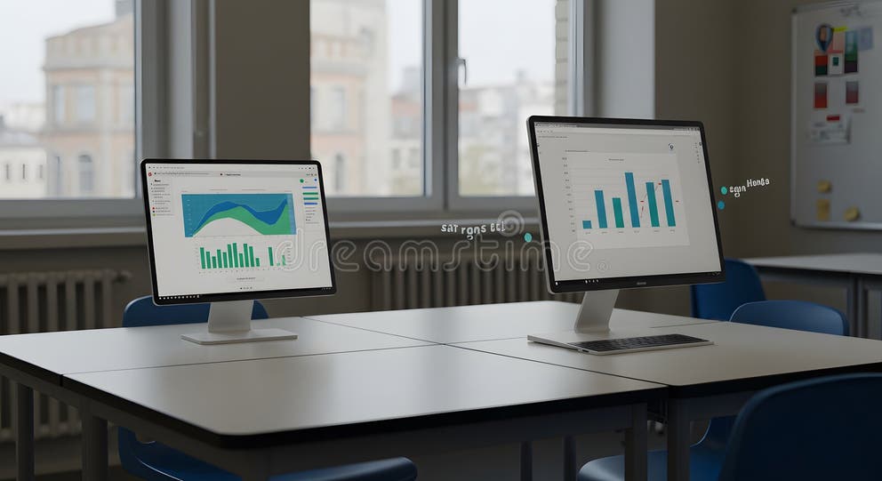 Classroom Data Analysis: Two Computers Displaying Charts and Graphs in ...